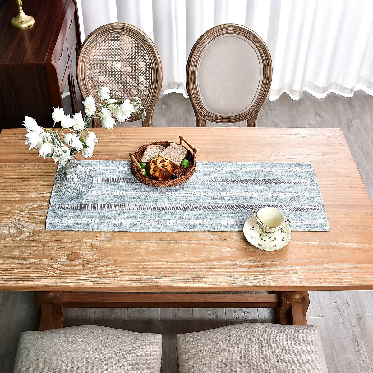 Farmhouse Braided Striped Linen Table Runner Rustic Hollow Woven Embroidered Boho Rectangle Table Runners for Dining Table Dresser Decor Grey and Blue 13x36inch