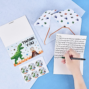 WERNNSAI Watercolor Dinosaur Kids Thank You Cards with Envelopes - Dinosaur Theme Party Supplies 24 Pcs Birthday Note Card with Dino Stickers for Boy Girl Fill in Blank Gift Cards 4'' X 6''