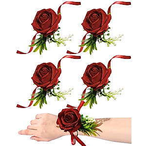 4 Pcs Corsage Wristlet for Wedding Rose Wrist with Ribbon Girl Bridesmaid Wrist Bridal Wrist Flower Corsage Hand Flower Decor for Wedding Ceremony Prom Dinner Anniversary (Burgundy, Wrist Corsage)