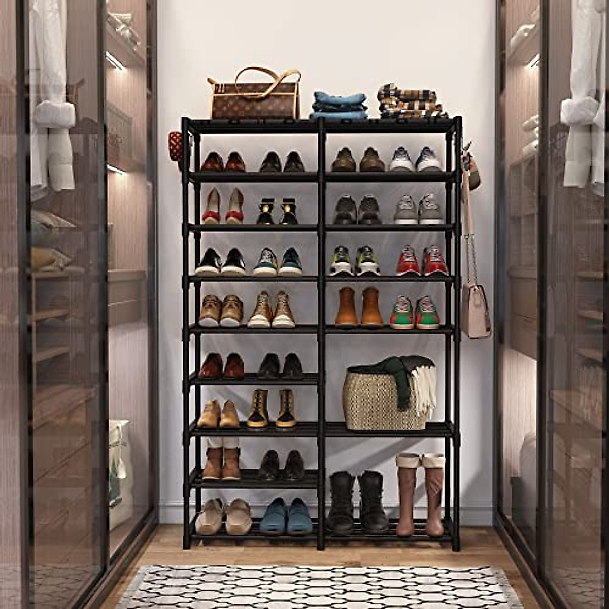 Tribesigns Shoe Rack Organizer, 32-40 Pairs Shoe Storage Shelf, 9 Tiers Shoe Stand, Shoe Rack for Closet, Boot Organizer with 2 Hooks, Stackable Shoe Tower