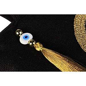 KarensLine Handmade Evil Eye Jute Beach Bags and Totes Eco-Friendly Sustainable Black Gold Eye Tote Bag for Women Zipper Top with Crystals and Tassels Water Resistant with Wipeable Inner Lining, Large