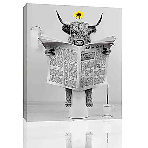 FOTRIC Highland Cow Reading Newspaper In Toilet Canvas Print Country Cow and Sunflower Wall Art Painting Bedroom Bathroom Framed Wall Decor (Wooden frame8''x10'',A)