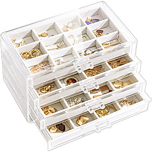 Lolalet Earring Holder Organizer Box Jewelry Storage with 4 Drawers, Clear Acrylic Stackable Earring Case with Adjustable Velvet Trays for Women on Dresser Vanity -Warmwhite, 4 Layers