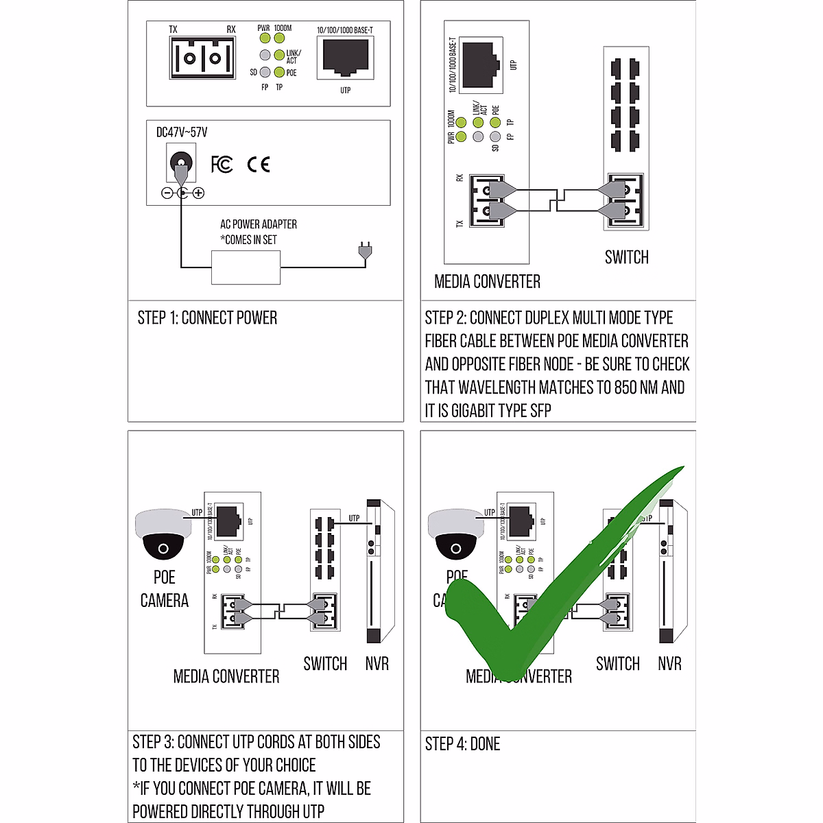 PoE Fiber Multimode LC 850nm Gigabit Ethernet Media Converter - Supplies IEEE 802.3 PoE & PoE+ PSE Power & Extends Distance Over Fiber up 550m (0.34 Miles) - 10/100/1000 Autosensing UTP LAN Port