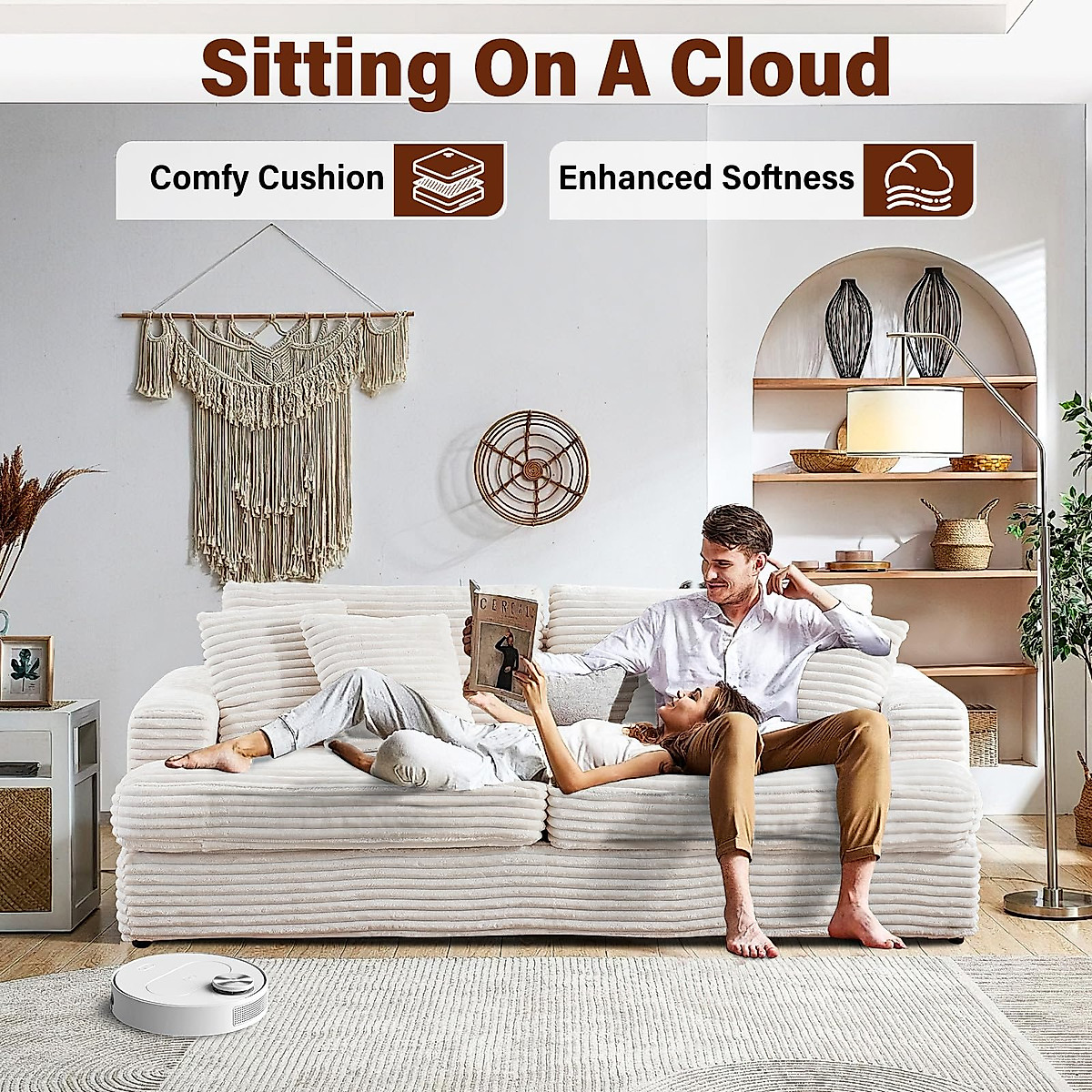 80" W Loveseat Sofa, Mid Century Modern Love Seat Couches for Living Room, Corduroy Small Couch, Comfy Upholstered Couch for Small Spaces, Bedroom,White