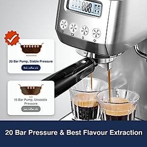 amzchef Espresso Machines 20 Bar, Espresso Maker with Milk Frother & LCD Panel, Adjustable Temp, Compact Cappuccino Machines for Home Gifts, Stainless Steel