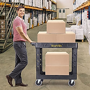 ELAFROS Heavy Duty Plastic Utility Cart 34 x 17 Inch - Work Cart Tub Storage W/Deep Shelves and Full Swivel Wheels Safely Holds up to 550 lbs - 2 Tier Service Cart for Warehouse,Garage, Cleaning