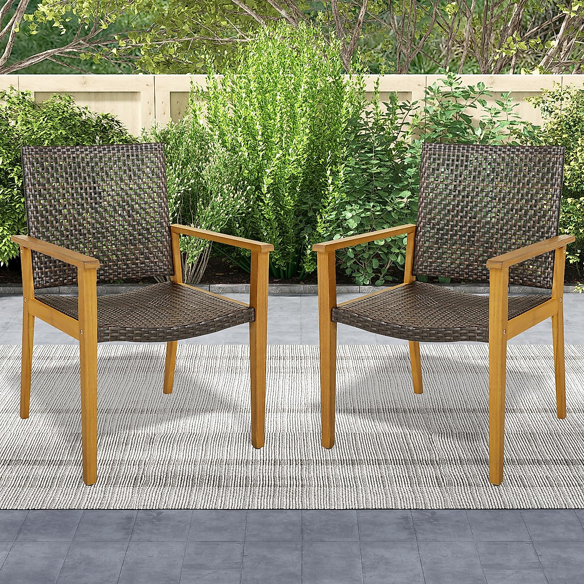 Tangkula Patio Dining Chairs Set of 4, Outdoor Acacia Wood & PE Wicker Chairs with Armrests, Outdoor Rattan Armchairs for Garden, Backyard, Poolside, Balcony (Mix Brown)