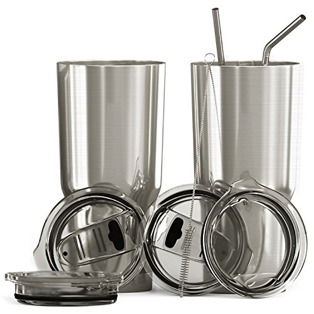 BluePeak Double Wall Vacuum Stainless Steel Insulated Tumblers Set, 2-Pack - Includes 2 Sipping Lids, 2 Spill-Proof Sliding Lids, 2 Straws, 1 Cleaning Brush & Gift Box (30 oz, Silver)