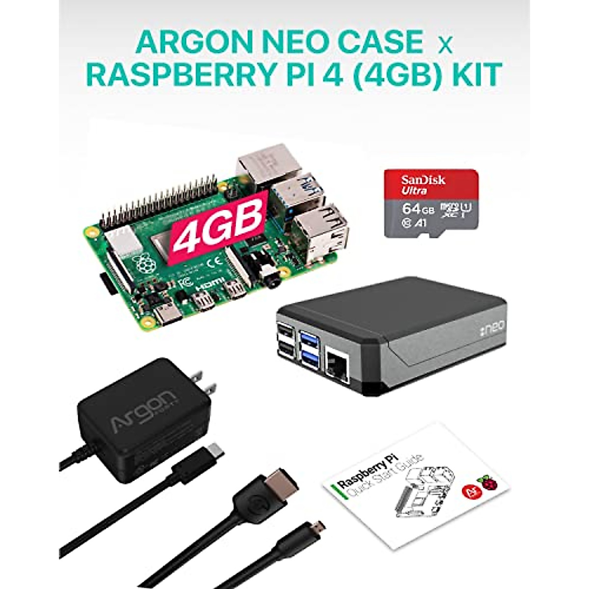 Argon NEO x Raspberry Pi 4 4GB Kit | Aluminum Case | 64 Gig SD Card | Micro HDMI to HDMI Cable | 18W Type-C Power Supply | Quick Start Guide