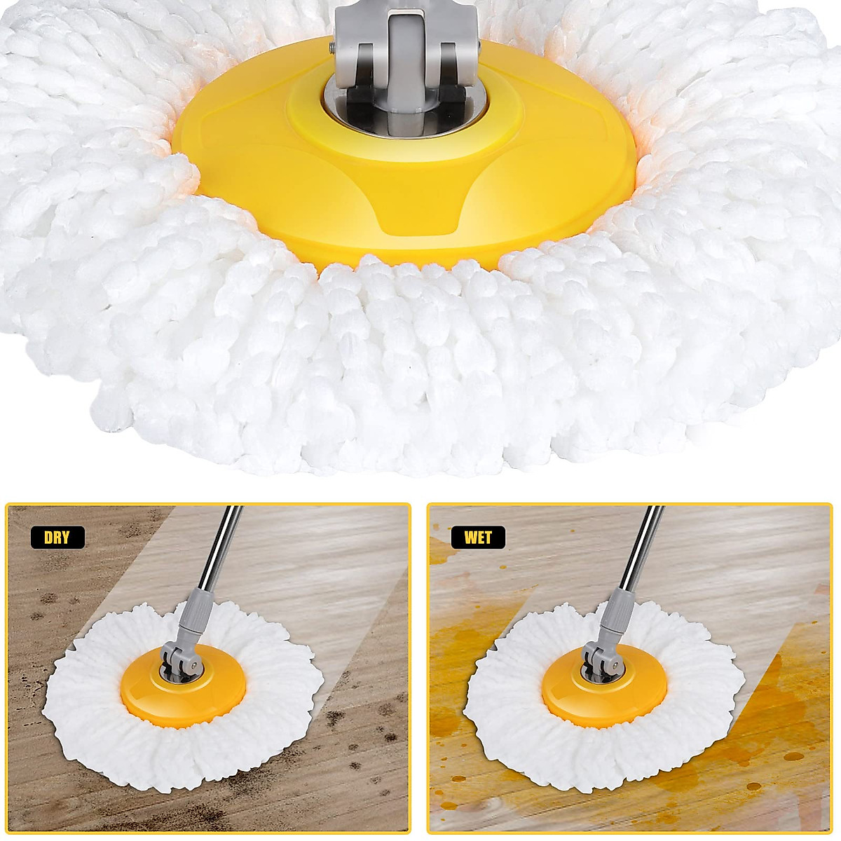 Masthome Spin Mop Bucket Floor Cleaning System with 5 Microfiber Mop Refills, 1 Extra Floor Brush Head & Commercial Loop-End String Wet Mop,for Floor Cleaning (Total 2 Pcs String Mop Heads)