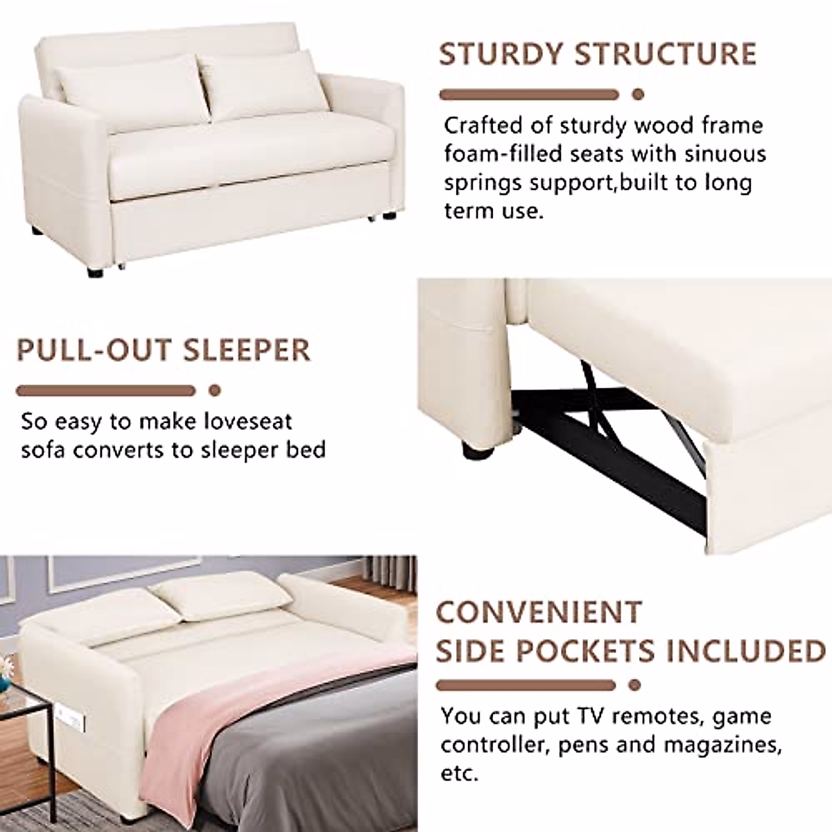 Aoowow Convertible Sleeper Sofa Bed 57 Inches, Velvet 2 Seats Sofa with Pull Out Bed,Loveseat Sofa Couch with Adjustable Backrest, 2 Pillows Side Pocket for Living Room Small Apartment (Beige)