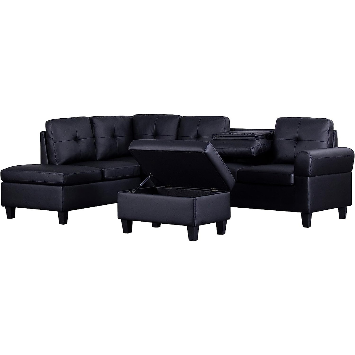 EMKK 105" L-Shape Sofa Couch with Chaise Lounge,Modern Linen Fabric Upholstery Sectional Sofá with Storage Ottoman 2 Pillows for Living Room Furniture Set, Apartment and Large Space, Black PU