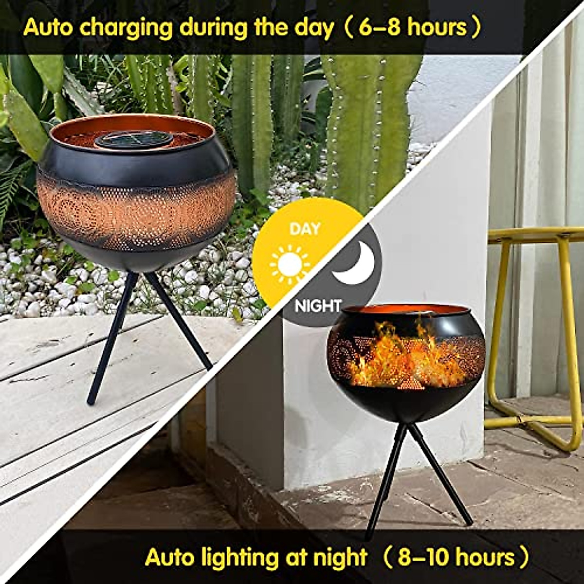 Solar Fire Pit Lantern, Candle Flickering Flame Lights Outdooor Waterproof Garden Torch Lights with Solar Powered LED Flickering Tabletop Lamp Decor for Table Patio Pathway Yard Landscape Decoration
