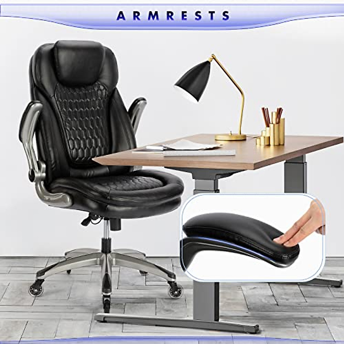 COLAMY Office Chair-Ergonomic Computer Desk Chair with Thick Seat for Comfort, High Back Executive Chair with Padded Flip-up Arms, Stylish Leather Chair with Upgraded Caster for Swivel (Black, 300lbs)