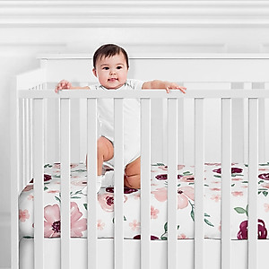 Sweet Jojo Designs Burgundy Watercolor Floral Girl Fitted Crib Sheet Baby or Toddler Bed Nursery - Blush Pink, Maroon, Wine, Rose, Green and White Shabby Chic Flower Farmhouse
