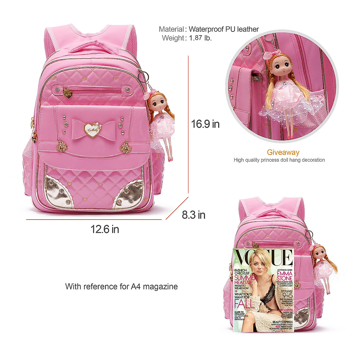 AO ALI VICTORY Backpack for Girls, Waterproof Kids Backpacks School Bag Toddler Bookbags Cute Travel Daypack (Large, A-Pink)