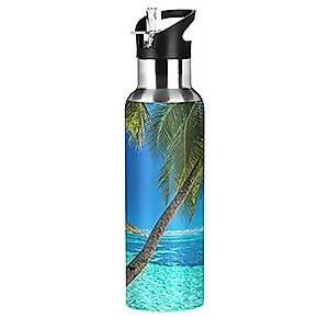 xigua Tropical Beach Palm Trees Water Bottle Stainless Steel Vacuum Insulated Water Bottle Standard Mouth Wide Handle Bottle with Straw Lid for Sports School Gym Outdoor,20 oz.