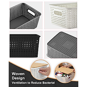 AREYZIN Storage Bins with Bamboo Lids Set of 6 Lidded Storage Container Plastic Baskets Organizer Bins for Organizing Kithen Room Bedroom Office Closet, Sturdy(Black)