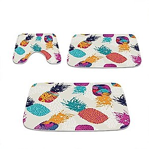 Kntiline Pineapple Bathroom Rugs and Mess Colorful Graffiti Mats Sets 3 Piece, Velvet Memory Foam Tropical Fruit Theme Bath Mat, Large Small and U-Shaped Contour Shower Mat Non-Slip Washable