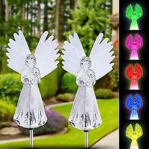 Rirool Multi-Color Changing Solar Angel Light, 2Pcs Solar Powered Garden Decorative Light, Outdoor Garden Stake Light for Yard Patio Lawn Grave Cemetery Decorations