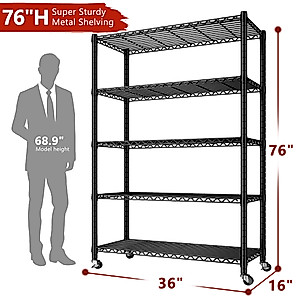 REIBII 72''W Wire Shelving Loads 2100LBS,5 Tier Metal Shelving with Adjustable Storage Shelves 36''W Garage Shelving Heavy Duty with Wheels Metal Shelves for Storage Rack 2PC,76''HX36''WX16''D