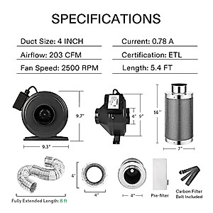 VIVOSUN Air Filtration Kit: 4 Inch 203 CFM Inline Fan, 4'' Carbon Filter and 8 Feet of Ducting Combo