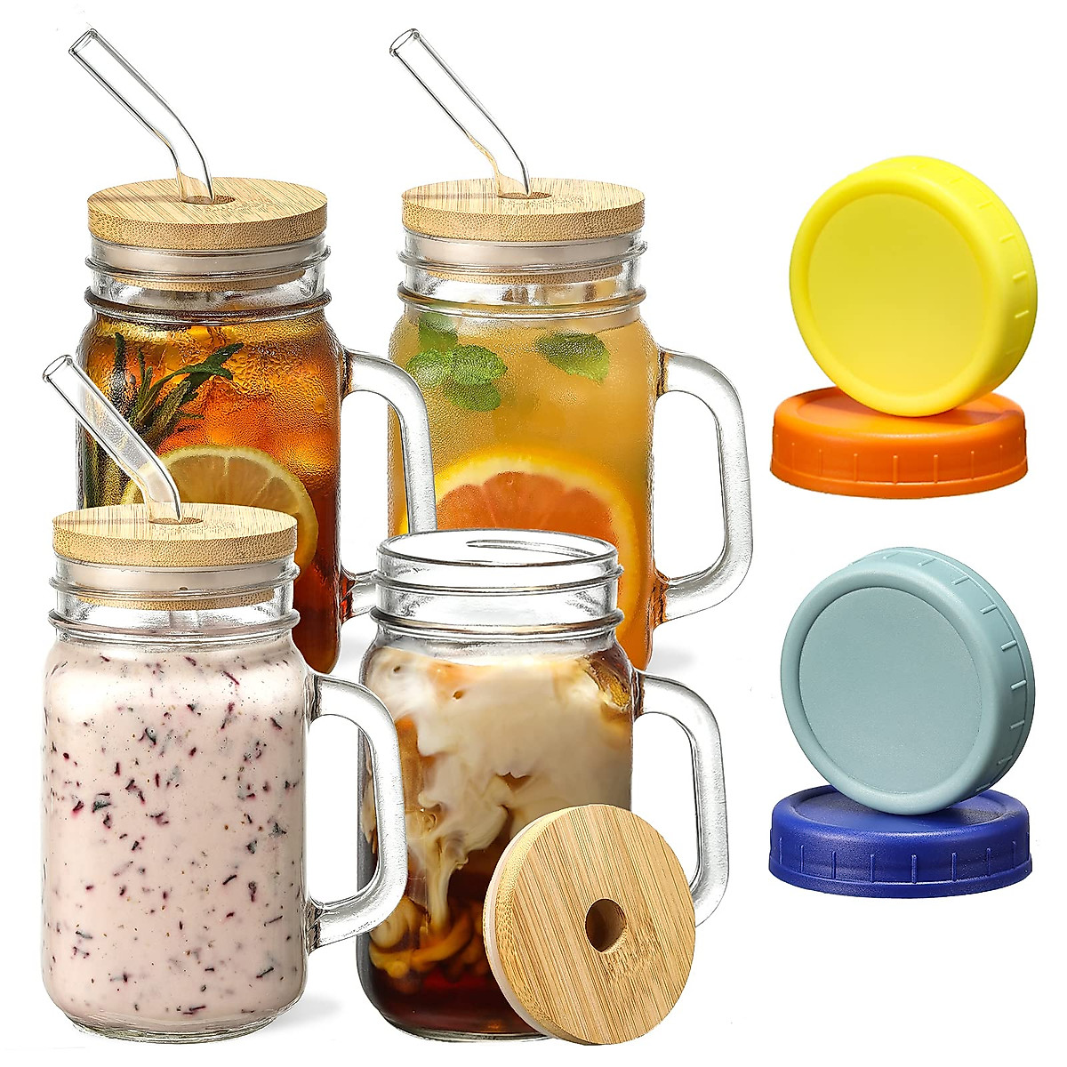 Mason Jars with Handle, Glass Mugs with Glass Straws and Bamboo Lids & Colorful Airtight Lids 4pcs Set - 16oz Old Fashioned Drinking Glass Cups, Reusable Travel Tumbler for Iced Coffee, Smoothie, Tea