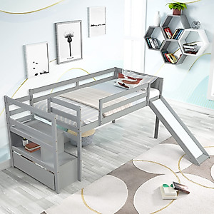 CITYLIGHT Twin Loft Bed with Stairs and Slide,Wood Kids Loft Bed with Storage Drawer and Shelf,Low Junior Loft Bed Frame with Safety Guardrails for Girls, Boys,No Box Spring Needed,Grey