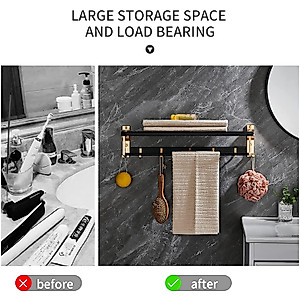 Bathroom Towel Rack Lavatory Hotel 24 Inch Foldable Towel Shelf with Towel Bar and Movable Hooks, Black and Matte Gold Polished Aluminum Modern Wall Mount Holder