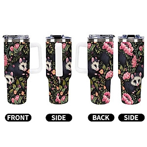 Cute Possum Flowers 40 Oz Stainless Steel Cup Travel Tumbler with Handle and Straw Lightweight Coffee Mug for Home Office
