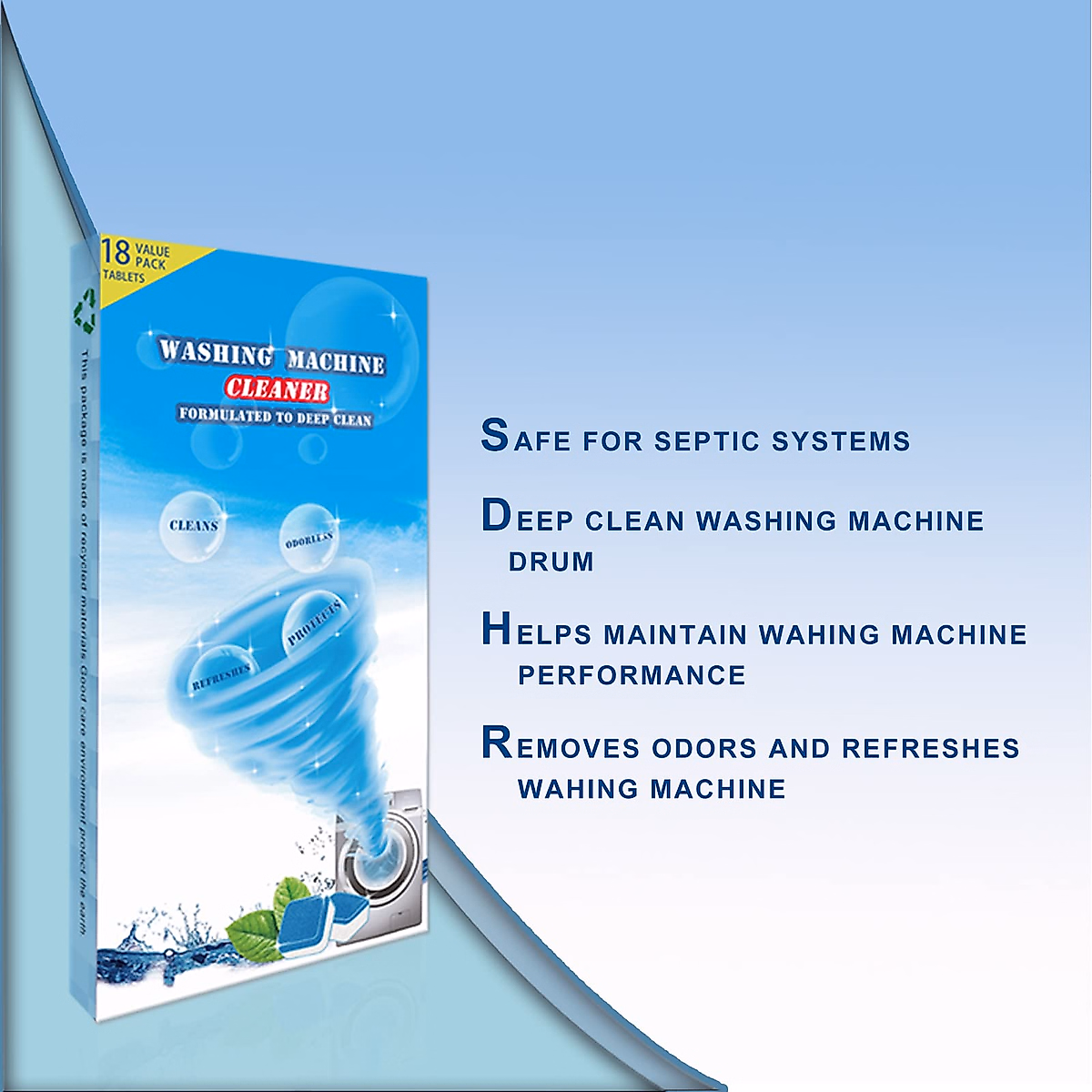 DOKIKO Washing Machine Cleaner tablets 18 Pack- Deep Clean Tablets for HE Front Loader & Top Load Washer, Eco-Friendly Septic Safe Deodorizer to Clean Inside Drum & Tub Seal.