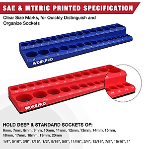 WORKPRO 3/8-inch Magnetic Socket Organizer Set, 2-Piece SAE & Metric Socket Holders, Holds 56 Standard and Deep Sockets for Tool Box, Tool Carts (Sockets Not Included)