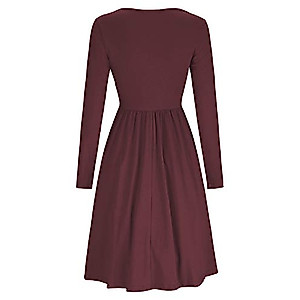 OUGES Womens Fall Long Sleeve Midi Dresses Button Down V Neck Skater Dress with Pockets 2023(Red,L)