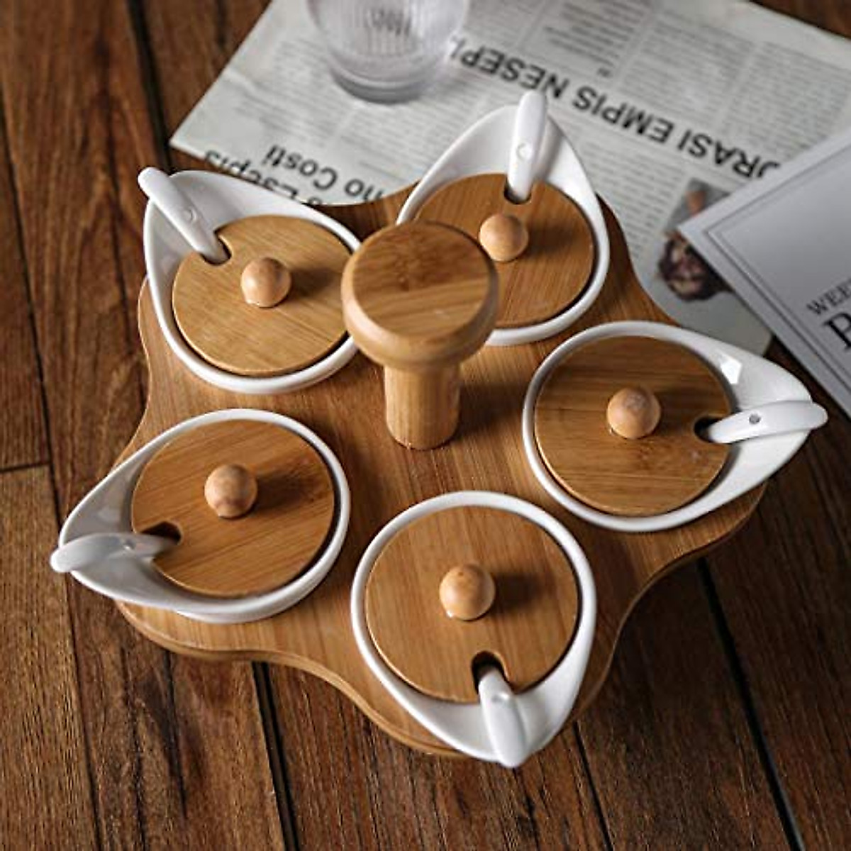 Ceramic Condiment Jar Pots 5 pcs Set durable Round Shape Seasoning Jar with Holder,Spoon and Bamboo Lids for Home Kitchen