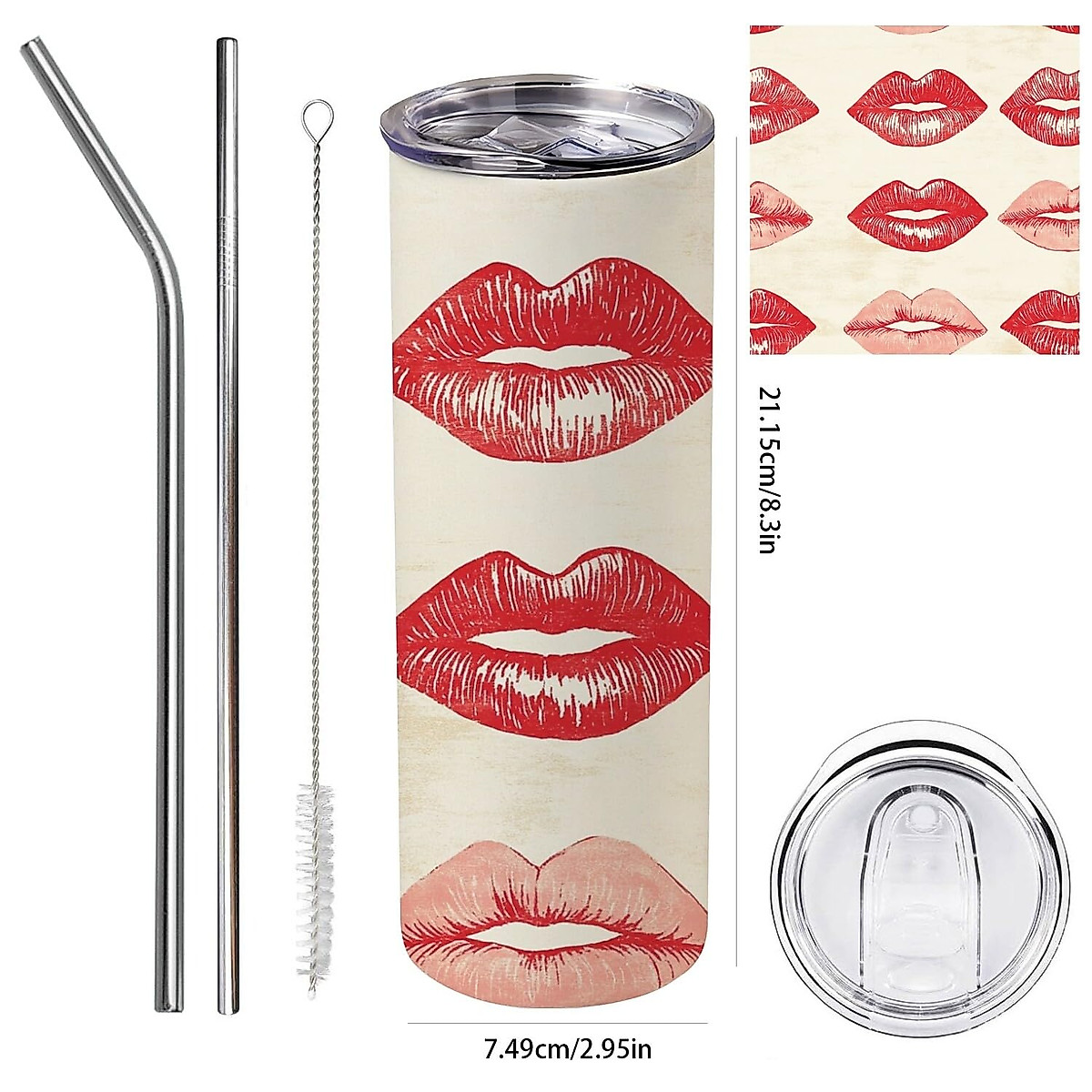 Medpol lipstick kisses valentines insulated tumblers coffee cup Gift，lipstick kisses valentines Drinking Glasses-Tea Cup-Coffee Mug tumbler with lid and straw 20 oz insulated tumbler cups