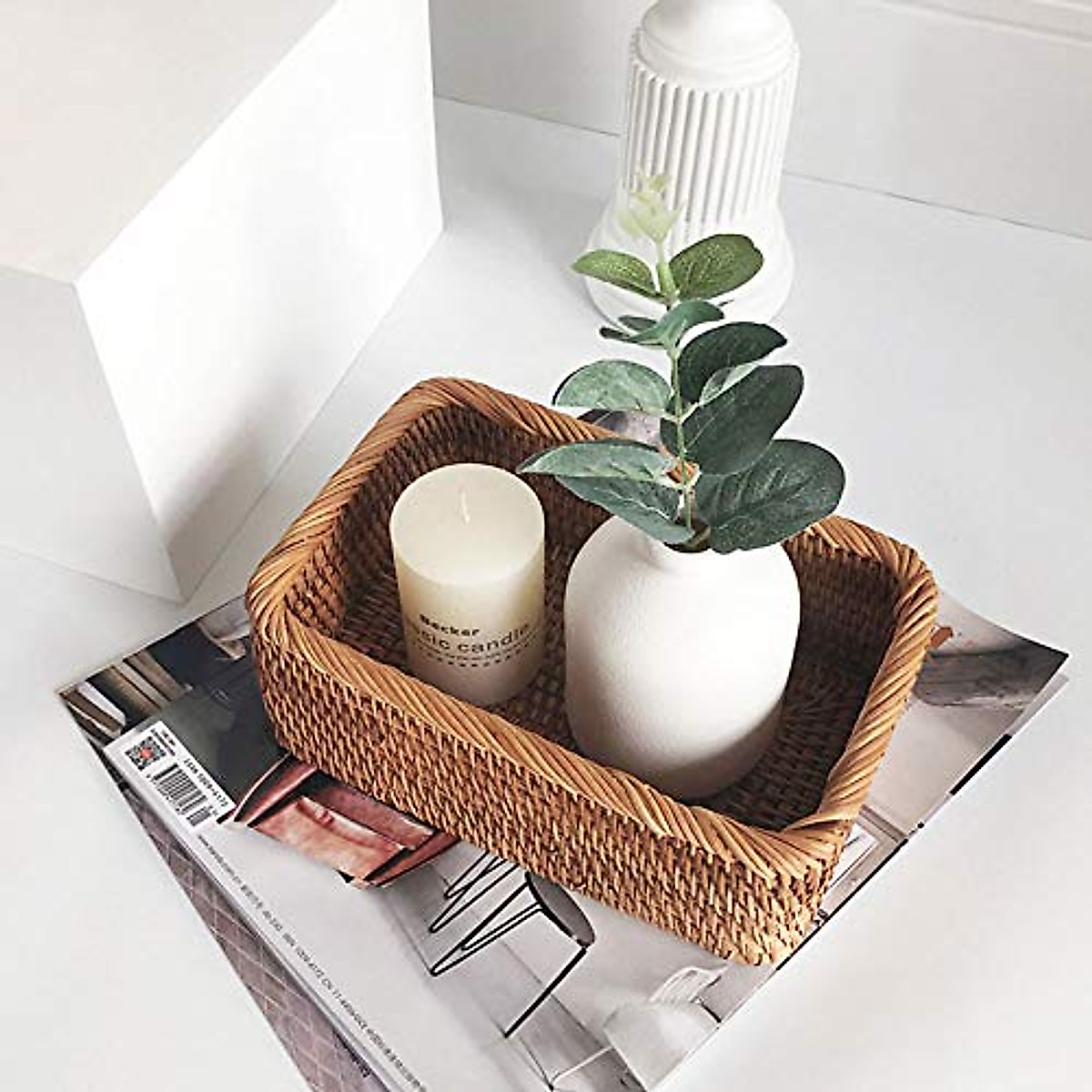 WERTSWF Wicker Baskets for Storage Organizing,Rectangular Weaving Rattan Basket Water Hyacinth Storage Baskets for Countertop Living Room Home Decor