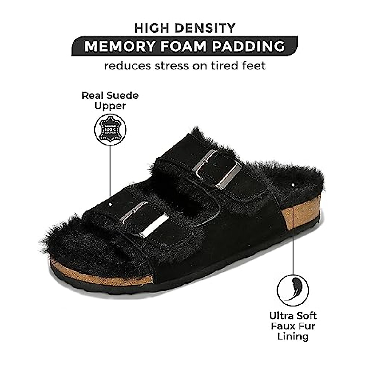 Project Cloud Genuine Suede House Slippers for women - Cozy Womens Sandals Shearling Fur Lining Slides for Women Footwear - Adjustable Straps Sandals for Women 2025 (Dianea, Black, 7)