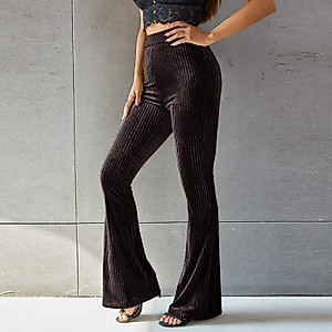 Velvet Elastic Waist High Waisted Flare Leg Palazzo Long Pants for Women - Tummy Control, Dressy Office Pants - Coffee XL