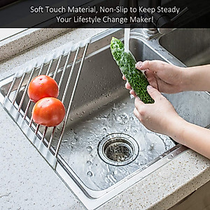 Annaklin Roll Up Dish Drying Rack for Sink Corner, Triangle Heavy Duty Heat Resistant Over The Sink Drying Rack Roll-Up Drainer Mat with White Silicone Grips and Stainless Steel Pipes, 17.5x9.2 inch