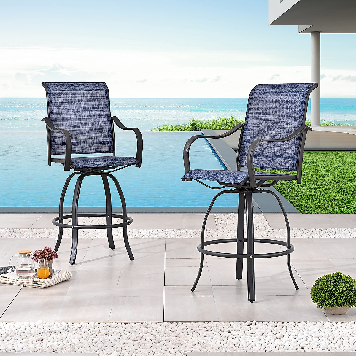 LOKATSE HOME 2 PCS Outdoor Swivel Bar Stools Height Chairs with Armrest for Backyard Deck Lawn Garden, Blue
