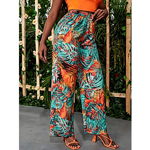 WDIRARA Women's Tropical Print High Elastic Waisted Wide Leg Loose Pants Trousers Multicolored S