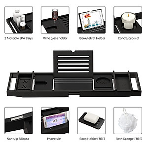 Bamboo Bathtub Tray for Luxury Bathroom, Expandable Premium Bath Tray w/Soap Towel Book Holder, Adjustable Bath Accessories for Tub,Extendable Tub Tray with Wine Glass Cup Organizer 29.5"-43.3" Black