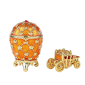 QIFU Vintage Gold Easter Egg Style Jewelry Trinket Box with Mini Royal Carriage, Unique Gift for Easter Collection