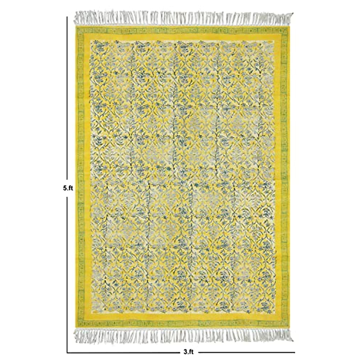 Casavani Indian Handmade Cotton Dhurrie Bordered Yellow & Green Area Rug Boho Kilim Flat Weave Rug Indoor Hall Room Decor Carpet Throw Rugs for Bedroom Living Room Bathroom Balcony 4x7 Feet