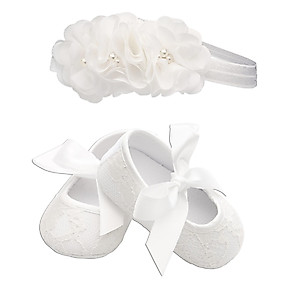 Cherished Moments Baby Baptism Shoe with Lace in Light Ivory with Headband, Gift for Christening or Dedication for Baby Girl (Sizes 0)