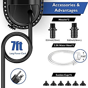 Aoumcom 200GPH Submersible Water Pump, 10W Water Fountain Pump, Aquarium Pump, 750L/H Water Pump with 7ft Power Cord for Garden Fountain, Water Table, Waterfall, Fish Tank, Pond, Hydroponics