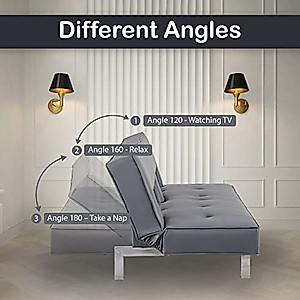 Naomi Home Astrid Futon Sofa Bed - Gray Faux Leather, Modern Style, 3-Position Reclining Mini Sofa/Bed with Chrome Legs, Small Couch for Bedroom Living Rooms, Office