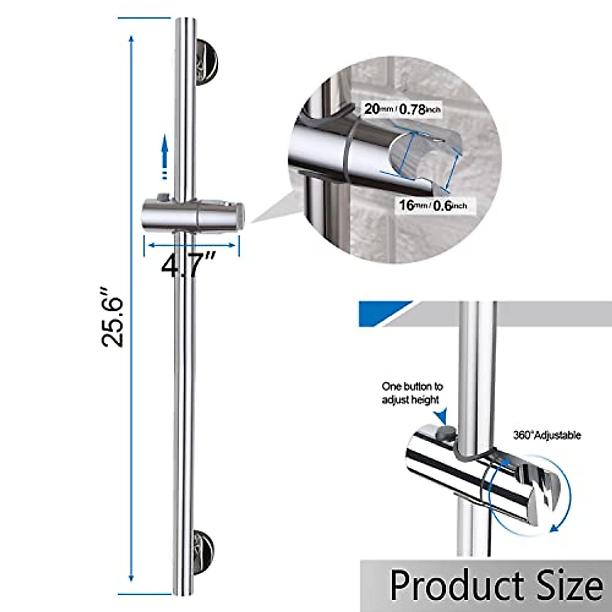 BANGPU Chrome Shower Slide Bar, Bathroom Shower Slide Bar with Adjustable Handheld Shower Holder, Stainless Steel Slide Slide Bar Wall Mount