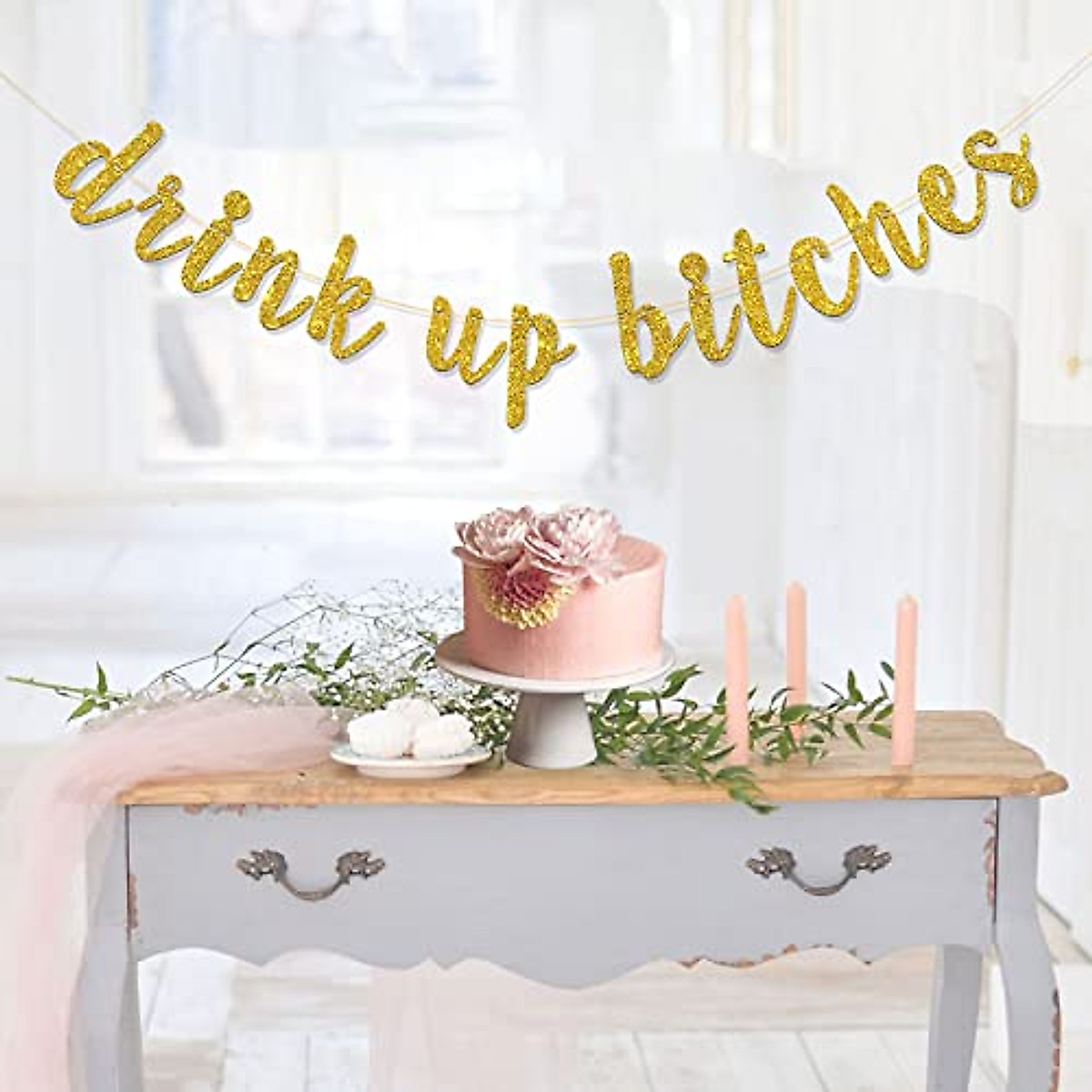 RoadSea Drink Up Bitches Banner - Funny Birthday - Bachelorette - Engagedment Party Garland Supplies - Wedding Party Decorations - Gold Glitter